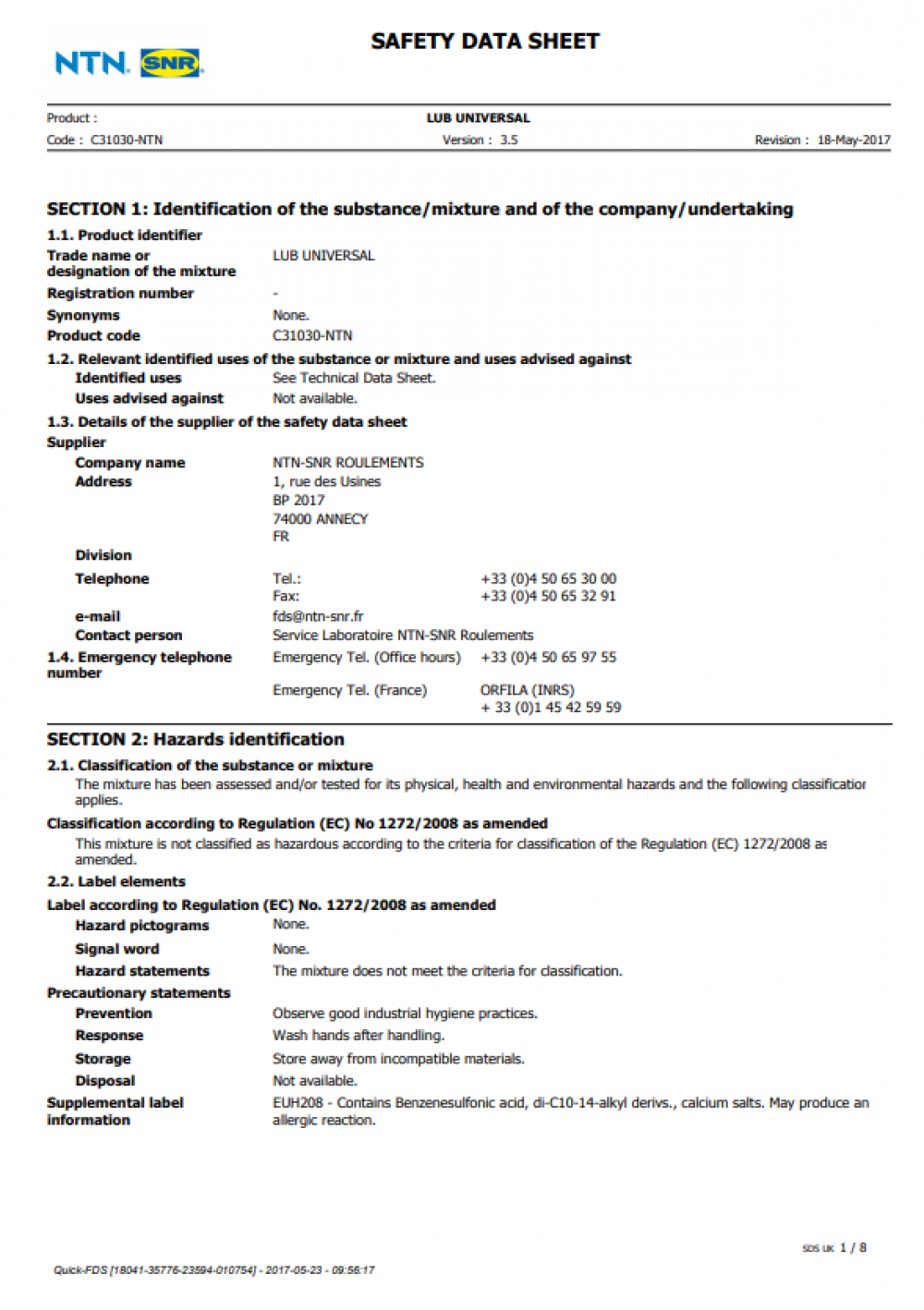 Material Safety Data Sheet (MSDS) - Mineral Circles Bearings