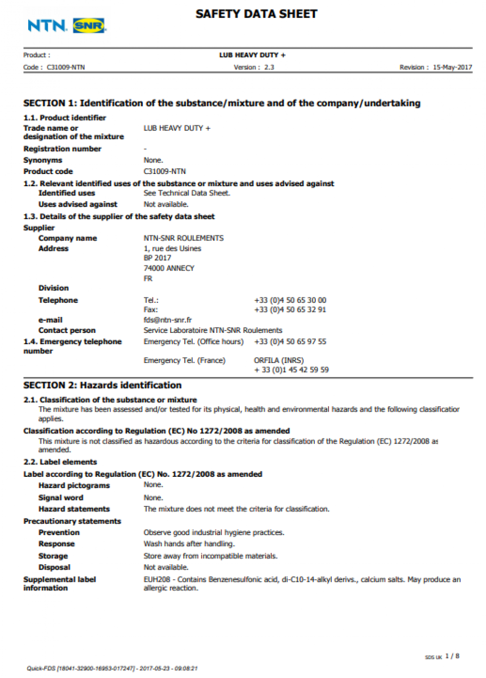 Material Safety Data Sheet (MSDS) - Mineral Circles Bearings