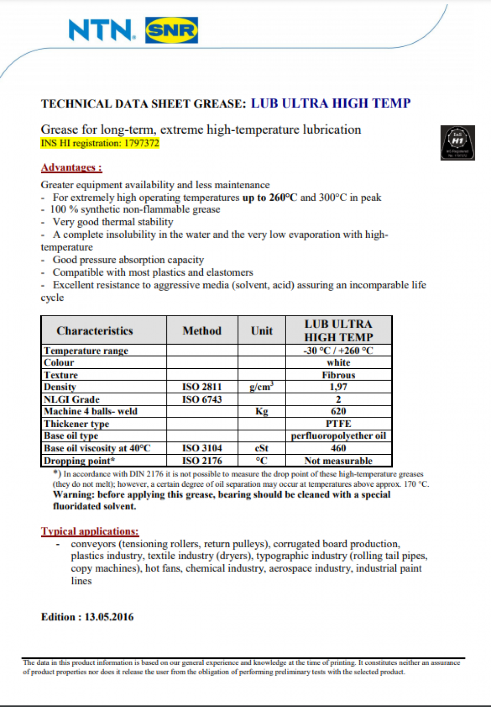 NTN SNR Ultra High Temperature Grease Technical Data Sheet - Mineral ...